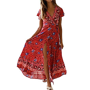 Casual Dresses for Women Midi Length Ladies Summer Casual V Neck Floral Print High Waist Belt Short Sleeve Hem Slit Wrap