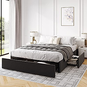 IMUsee Full Bed Frame with Storage, 3 Large Drawers on Wheels, Fabric Upholstered Platform Bed, No Box Spring Needed, Wood Slats Support, Easy Assembly, Dark Grey