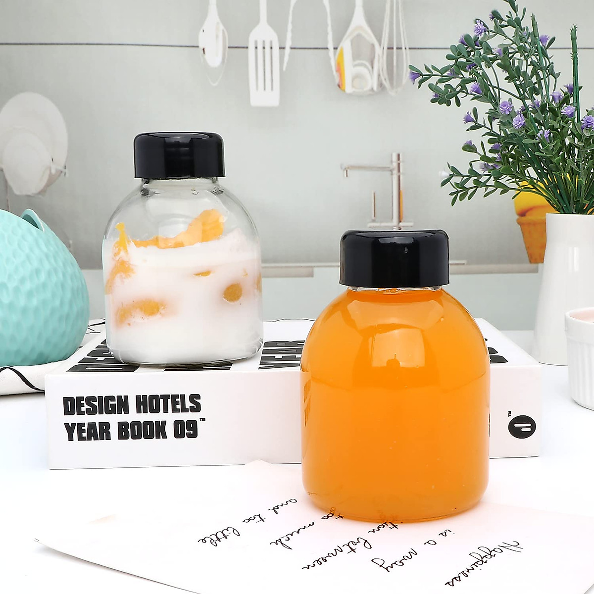 Accguan 8oz Reusable Glasses Bottles Clear Disposable Containers with Black Caps Food Grade Bottles for Juice, Milk and Other Beverages, Set of 26