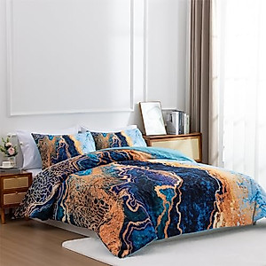 A Nice Night Marble Like Burning Mountain Printed Bedding Set,Retro Style Watercolor Artwork Design,Ultra Soft Comforter Set (Blue, Twin(68-by-88-inches))
