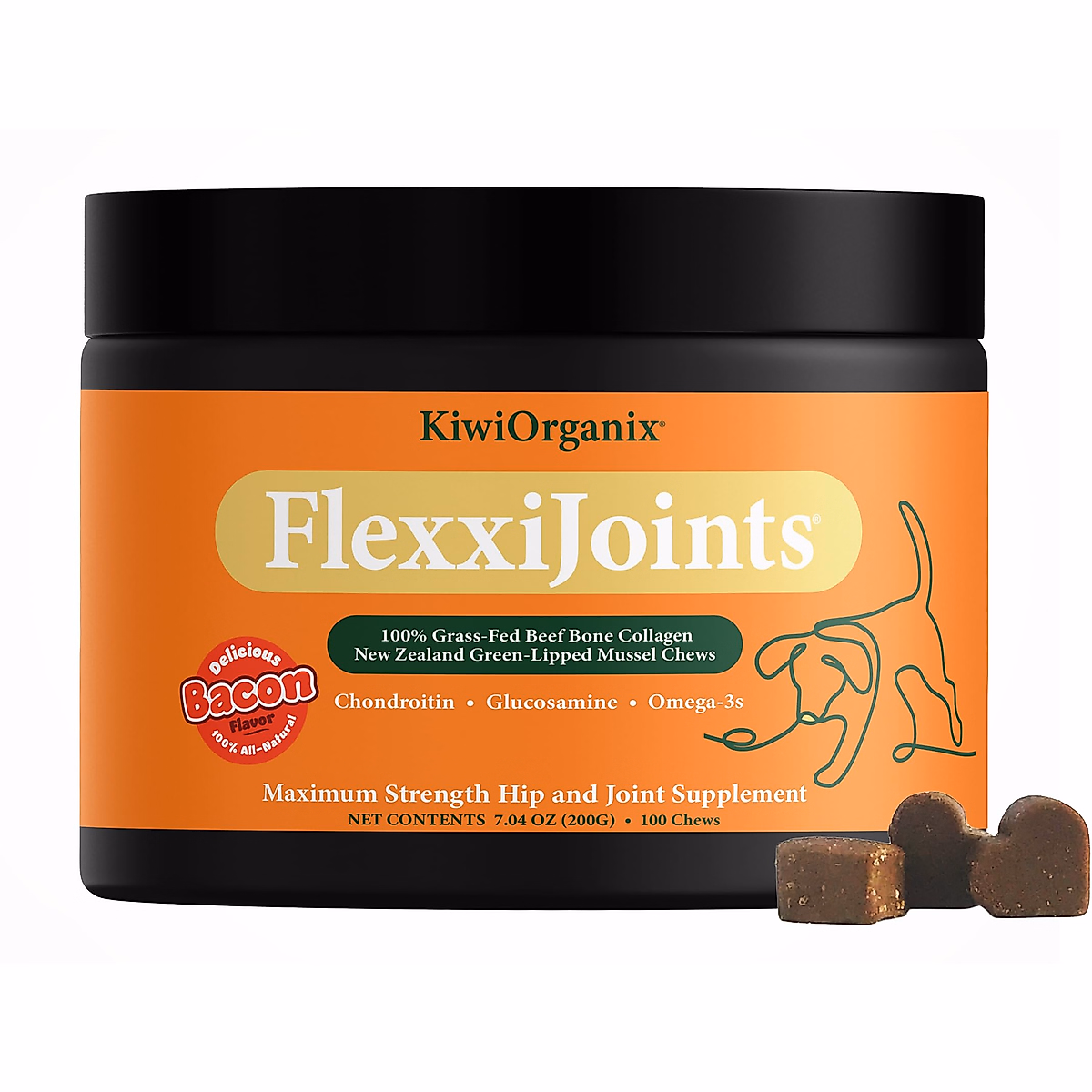 KiwiOrganix NZorganix FlexxiJoints Hip and Joint Supplement Chews for Dogs, Cats • 100% Grass-Fed Beef Bone Collagen New Zealand Green-Lipped Mussels • 100 Chews