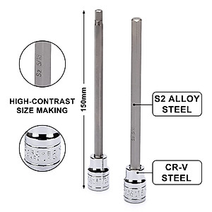 EMENTOL 18PCS 3/8" Drive Long Hex Bit Socket Set, CR-V, S2 Steel, SAE/Metric, Extra Long Allen Hex Bit Socket Set, 1/8 Inch - 3/8 Inch, 3mm - 10mm