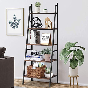 Tangkula Ladder Shelf, 4 Tier Industrial Bookcase, Multifunctional Display Bookshelf, Wooden Look Plant Flower Stand with Metal Frame, Decor Furniture for Home Office