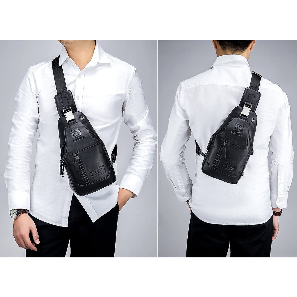 BULLCAPTAIN Genuine Leather Men's Sling Shoulder Backpack Multi-pocket Crossbody Chest Bags Travel Hiking Daypack with Earphone Hole (Black)