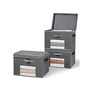 DAMAHOME Collapsible Storage Bins with Lids - Closet Clothes Box Clear Window, Large Foldable Fabric Basket Cube Organizer for Bedroom,Underbed,Kids Toy Chest 3-PACK 17" Lx12 Wx12 H(GREY)