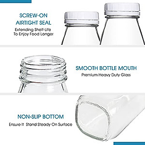 YEBODA 16oz Glass Milk Bottle with Plastic Tamper-proof Caps (6 Pack) Vintage Reusable Dairy Drinking Containers, Glass Bottles for Milk, Juice,Yogurt, Smoothies, Honey, Tomato Sauce, Jam, Syrup