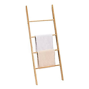 Navaris Bamboo Towel Ladder - Wood Rack for Towels, Clothes, Blankets - Wall Leaning Wooden Rack for Bathroom, Bedroom - 4-Tier Towel Holder Stand