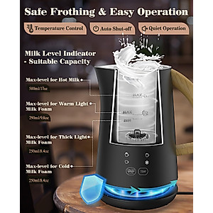 Nuovoware 4-in-1 Milk Frother and Steamer with Temperature Control Display Screen, Electric Automatic Frother for Hot Chocolate Milk, Cappuccinos, Latte, Macchiato, Black