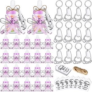 Sunnyray 72 Pcs Baby Shower Bottle Favors 24 Baby Mini Milk Bottles 24 Baby Footprint Keychain Bottle Opener 24 Thanks Tags Party Favors Gift for Girl Boy Baby Shower Decorations (Purple, Silver)