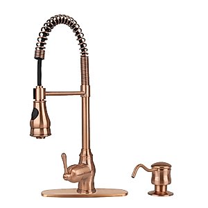 Copper Kitchen Faucet with Soap Dispenser, Single Handle Solid Brass High Arc Pull Down Sprayer Head Kitchen Sink Faucets with Deck Plate OH518