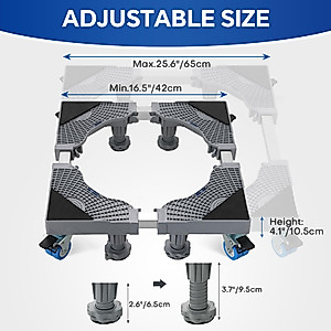 MYFULLY Adjustable Movable Furniture Dolly Roller Base with 4×2 Locking Rubber Swivel Wheels and 4 Strong Feet, Multi-Functional Mobile Stand for Dryer, Washing Machine and Refrigerator (Grey)