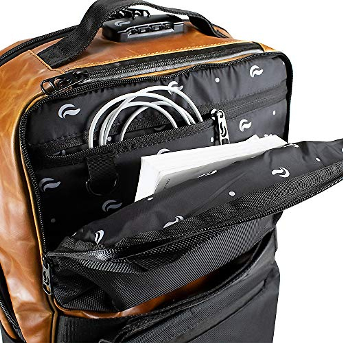 Skunk SoHo Backpack - Smell Proof - Weather Resistant - With Combination Lock (Black/Brown Leather)