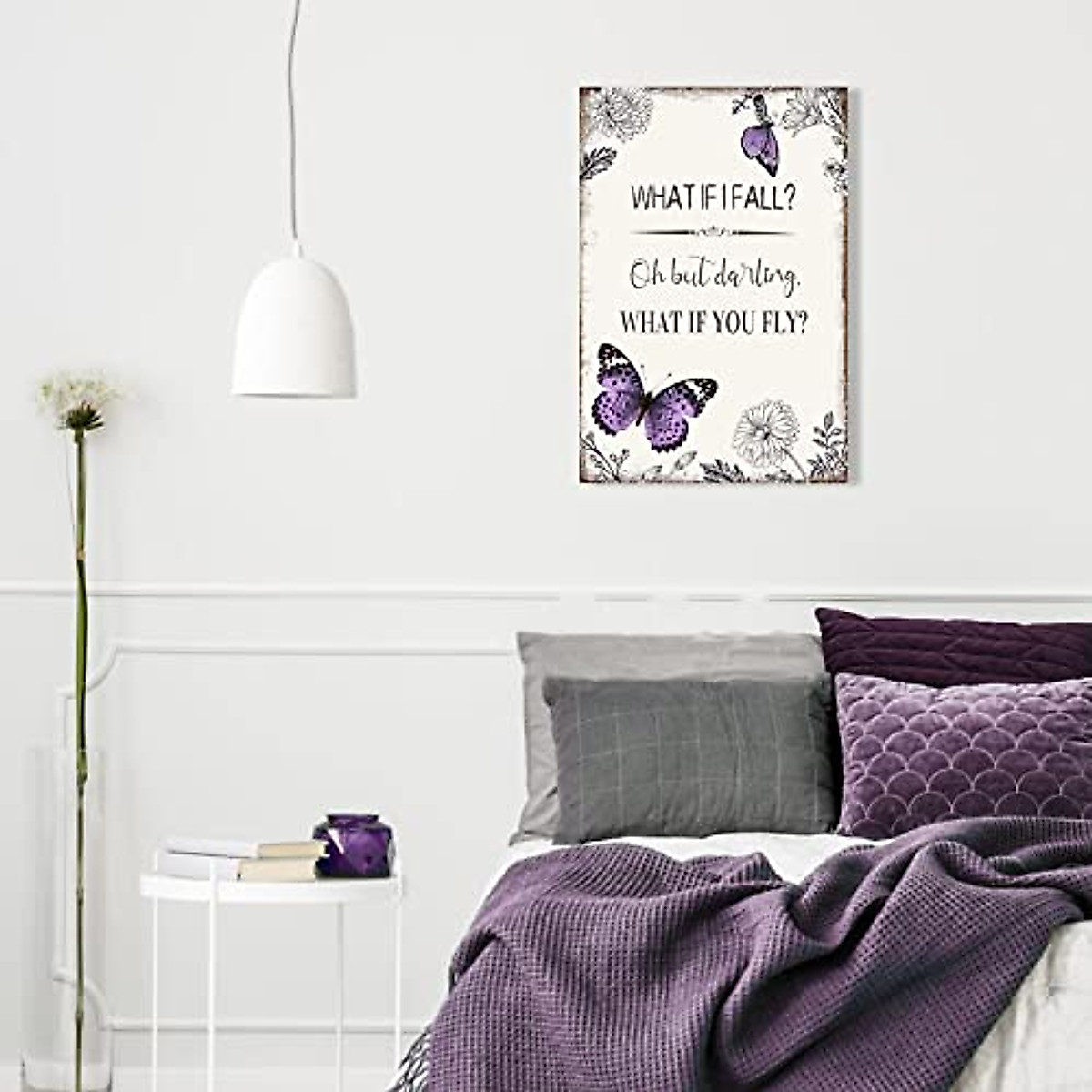 YPY Inspirational Quote Canvas Wall Art : Purple Butterfly Picture Motivational Framed Poster, What if I Fall Positive Sign for Teen Girl Bedroom 10" x 15"