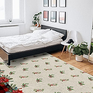 Indoor Area Rug - Welcome Mat Living Room Area Rugs Washable Non-Slip Floor Carpet for Bedroom Farmhouse Dorm (Merry Christmas Red Poinsettia Berries Burlap Red Plaid, 5'x8')