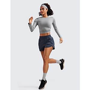 CRZ YOGA Womens High Waisted Running Shorts Mesh Liner 3'' Dolphin Quick Dry for Athletic Gym Track Workout with Zip Pocket Navy Small