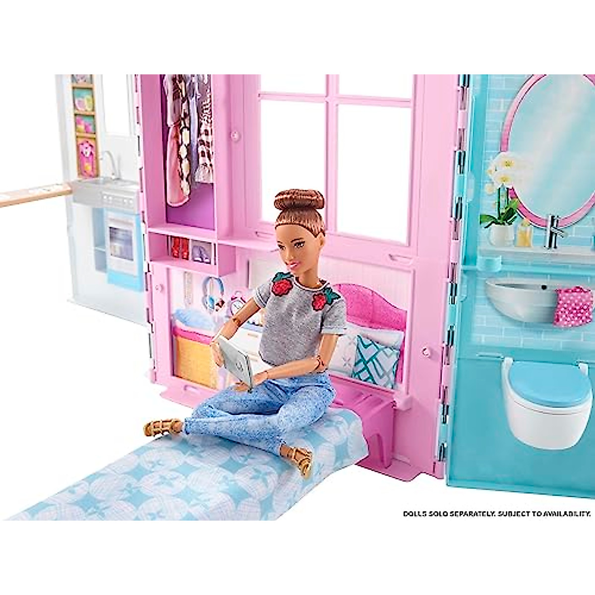 Barbie Doll House, Portable Playset with Carrying Handle and Accessories, Kitchen, Bedroom, Bathroom and Patio Pool (Amazon Exclusive)