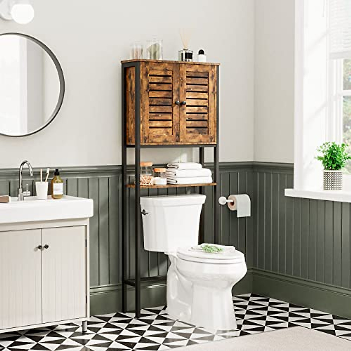 HOOBRO Over The Toilet Storage Cabinet, Bathroom Space Saver with Louver Door, Industrial Bathroom Cabinet Over Toilet, Easy to Assemble, Stable, Rustic Brown BF43TS01