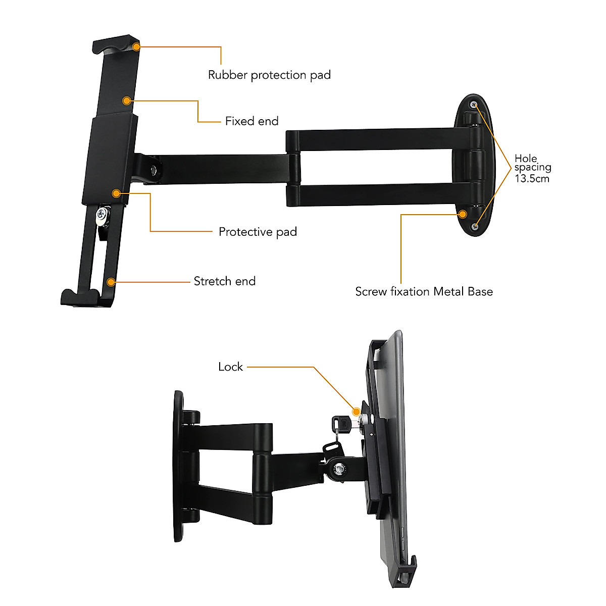 WeSTRUGGLE Tablet Wall Mount, Adjustable Arm Swivel, Anti-Theft Security Lock & Key, Foldable, 360 Rotating, Black