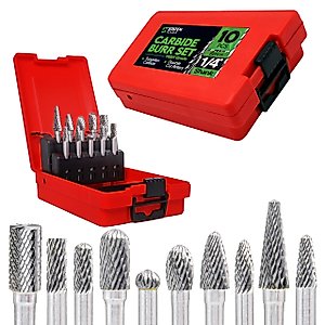 Carbide Burr Set 1/4" Shank – 10 Pcs Double Cut Die Grinder Bits for Milling, Carving, Engraving, Deburring, Drilling Wood & Metals – Tungsten Carbide Drill Bit Set for Rotary Tools & Die Grinders