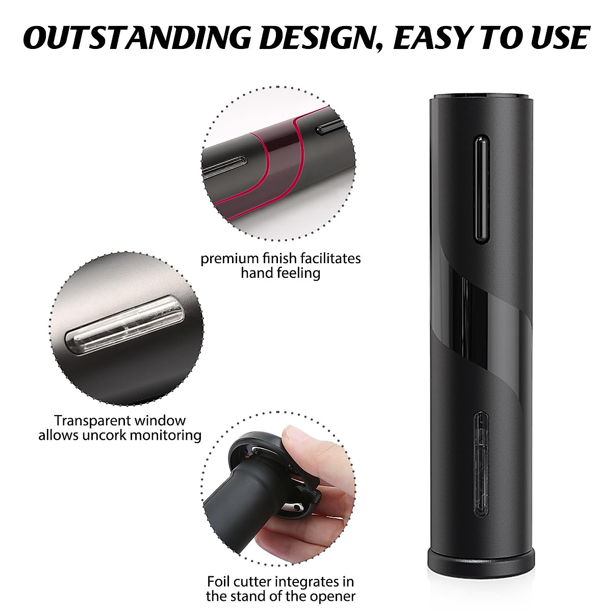 Saraudy Electric Wine Opener Set, Electric Wine Opener with Foil Cutter, and 2 Wine Stoppers, Battery Powered Wine Opener, Electric Corkscrew for Wine, Ideal Present for Party, Wine Lovers (Black)