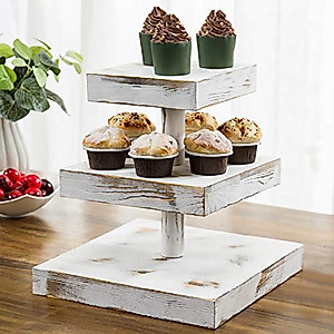 MyGift Whitewashed Wood Cupcake Stand, 3 Tiered Square Serving Tray, Desserts and Appetizer Display Riser