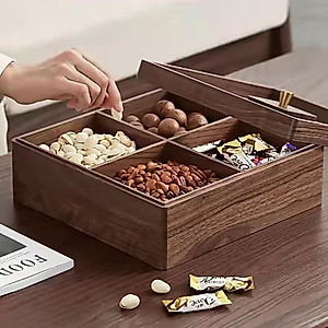 Show Box Solid Black Walnut Wood Snack Storage Container Collectable Box Case for Candy and Nuts with Glass Lid Cover Top, 4 Compartments S