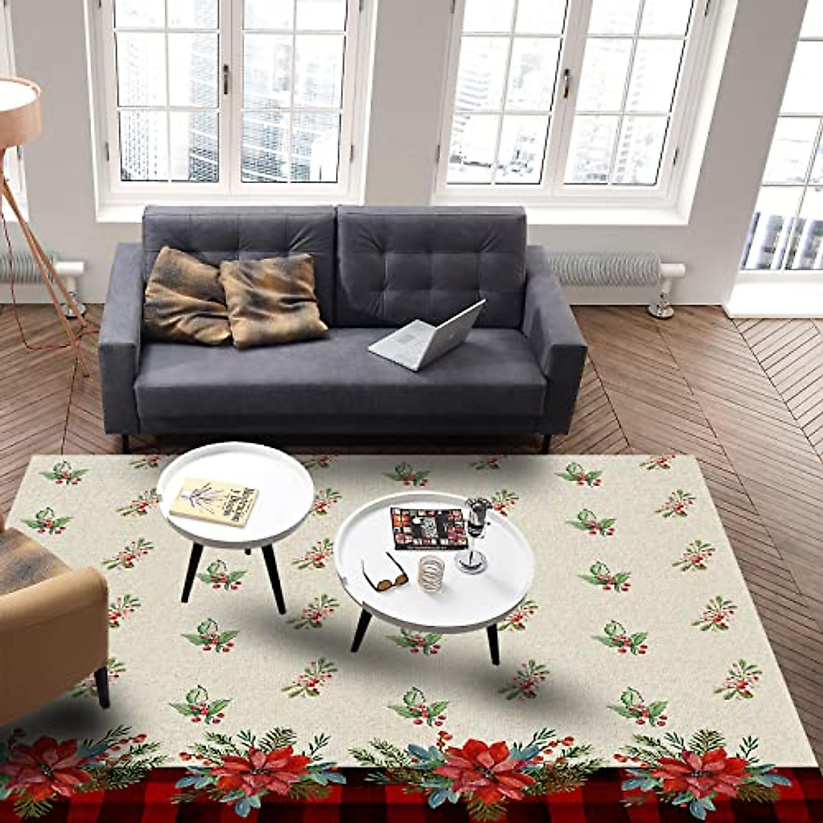 Indoor Area Rug - Welcome Mat Living Room Area Rugs Washable Non-Slip Floor Carpet for Bedroom Farmhouse Dorm (Merry Christmas Red Poinsettia Berries Burlap Red Plaid, 5'x8')