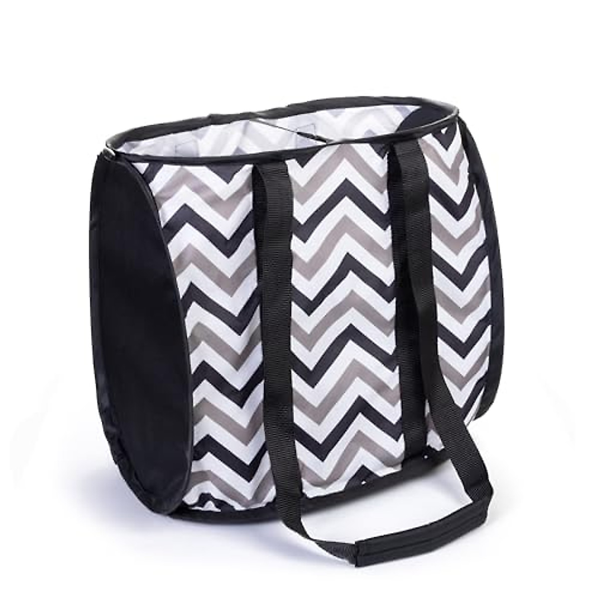Smart Design Pop-Up Shopping Bag - Reusable - Large - Heavy Duty Polyester - Folds Flat - Supermarket, Trunk Storage - Home Organization (15 x 10 Inch) [Chevron w/Black Trim]