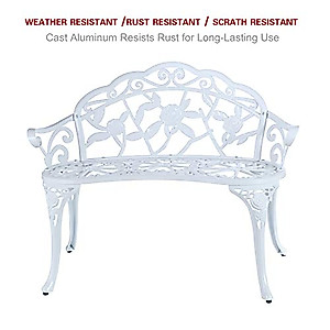 C/G Patio Balcony Bench Double Seat, Anti-Rust Cast Aluminum Patio Garden Bench for Park Yard Outdoor Furniture White
