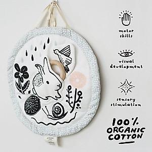 Wee Gallery Organic Meadow Activity Pad - High Contrast Tummy Time Play Mat with 6 Interactive Activities - Soft Sensory Toys for Babies - Visual & Motor Skill Development Toy