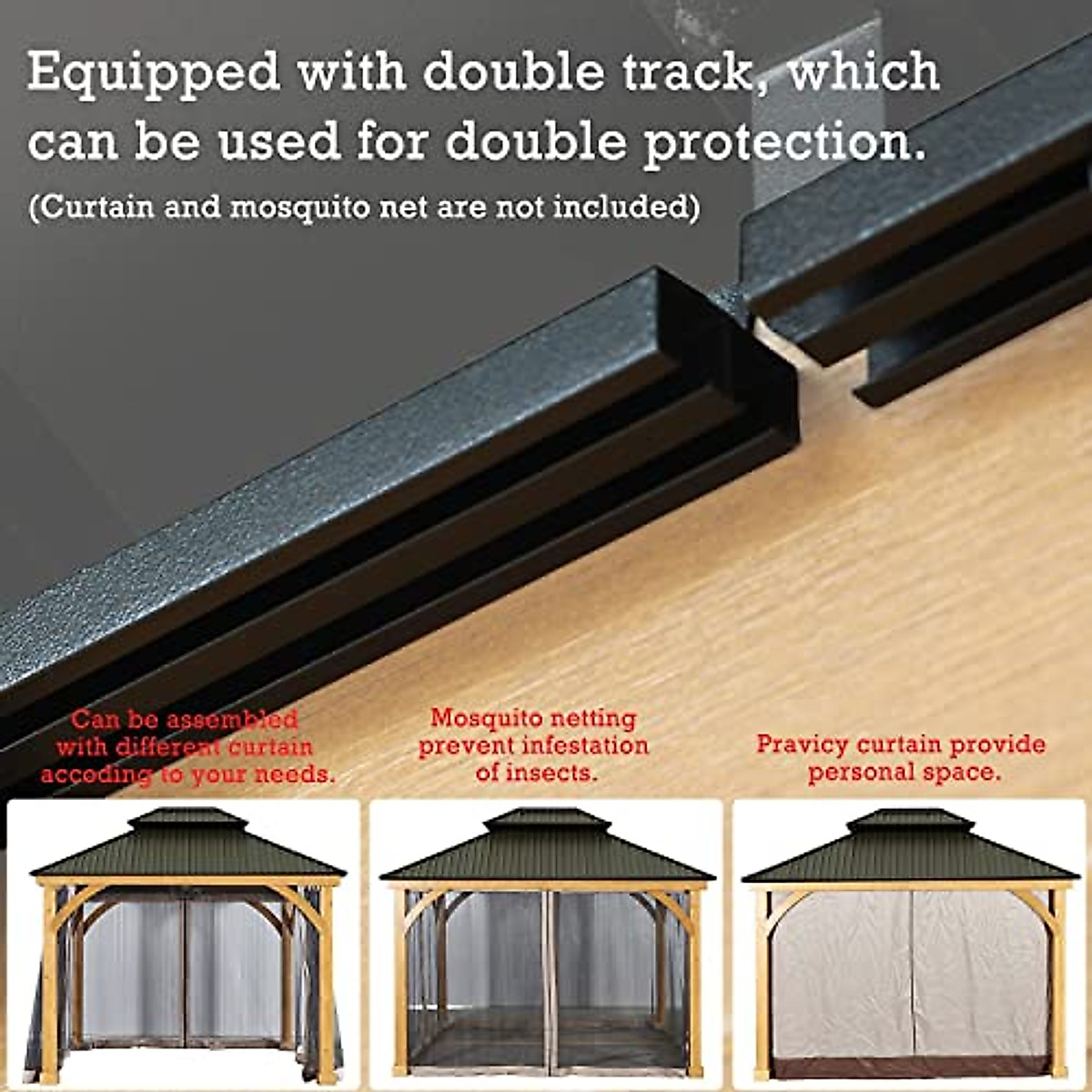 Aoodor Patio Solid Wooden Gazebo 10 x 12 ft. Hardtop Roof 2 - Tier for Garden, Green and Black