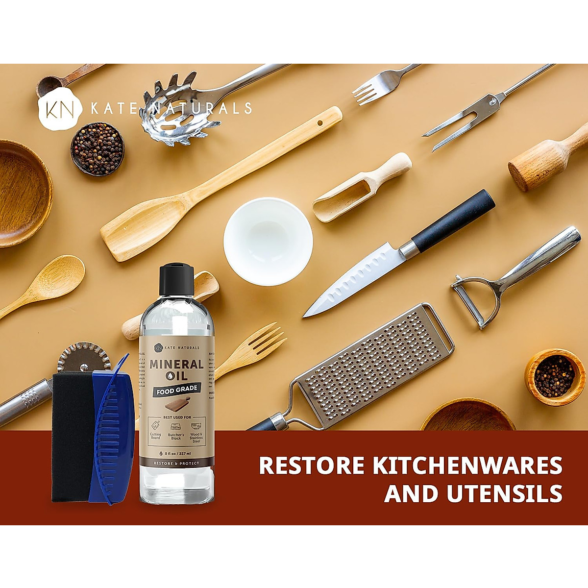 Kate Naturals Mineral Oil for Cutting Board 8oz with Wax Applicator. Food Grade & Food Safe Mineral Oil to Protect Wood on Cutting Boards & Butcher Blocks