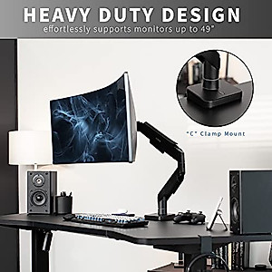 VIVO Premium Aluminum Single Gaming Monitor Arm for Ultrawide Screens up to 49 inches and 44 lbs, Heavy Duty Desk Mount Stand, Pneumatic Height, Max VESA 100x100, Black, STAND-V100D