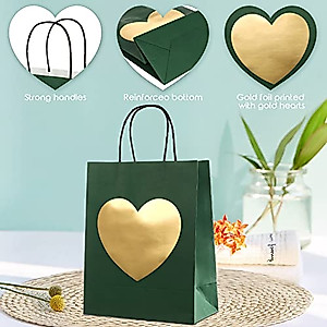 Sepamoon 24 Pcs Gift Bags with Glitter Gold Heart Print Paper Shopping Bag 8 x 10 x 4 Inch Paper Bags with Handles Bulk for Mother's Day Birthday Wedding Anniversary Holiday Party (Green)