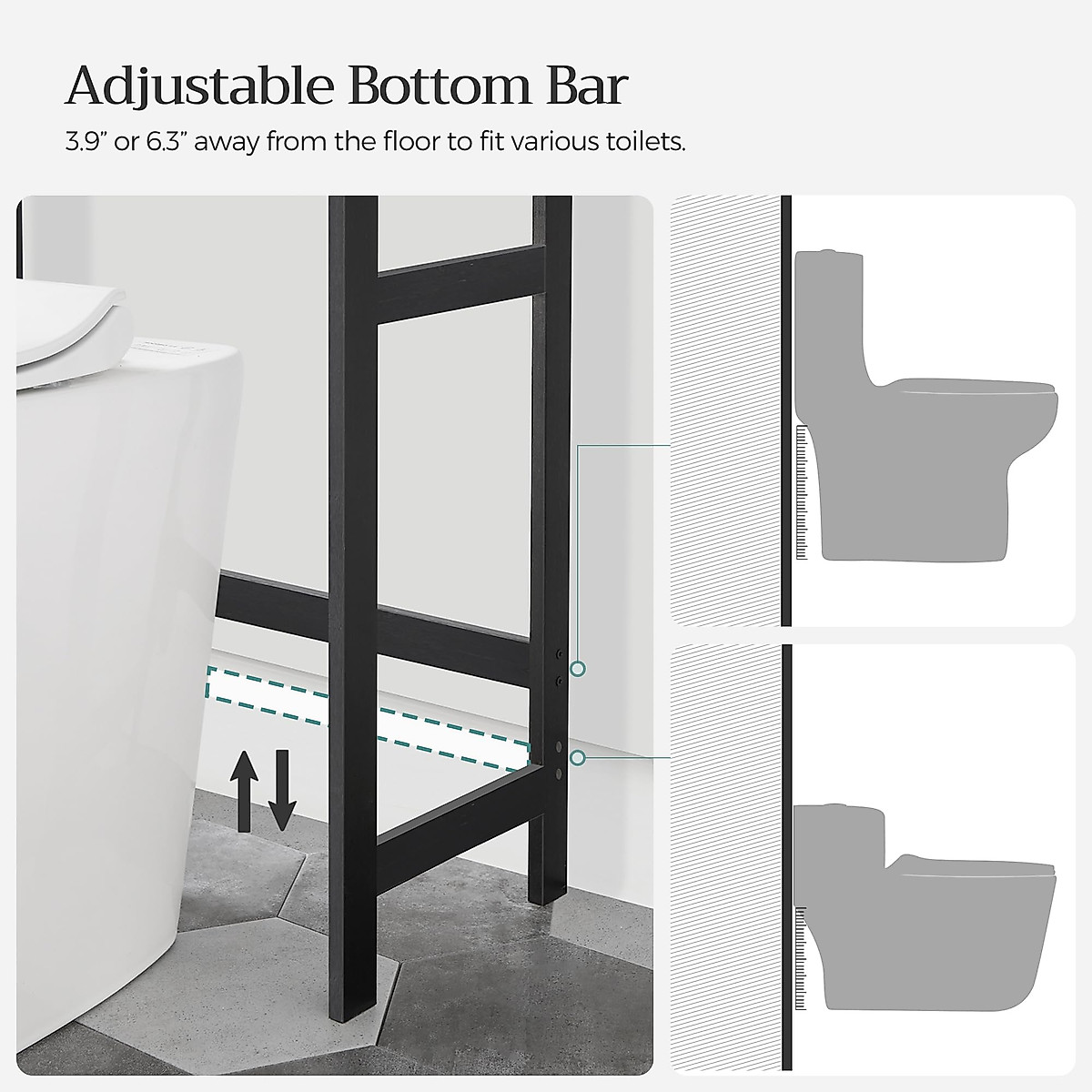 SONGMICS Over-The-Toilet Storage, 3-Tier Bathroom Organizer Over Toilet with Adjustable Shelves, Hooks, Bamboo, Freestanding Space Saver Bathroom Shelves, Rustic Brown and Ink Black UBTS012B01