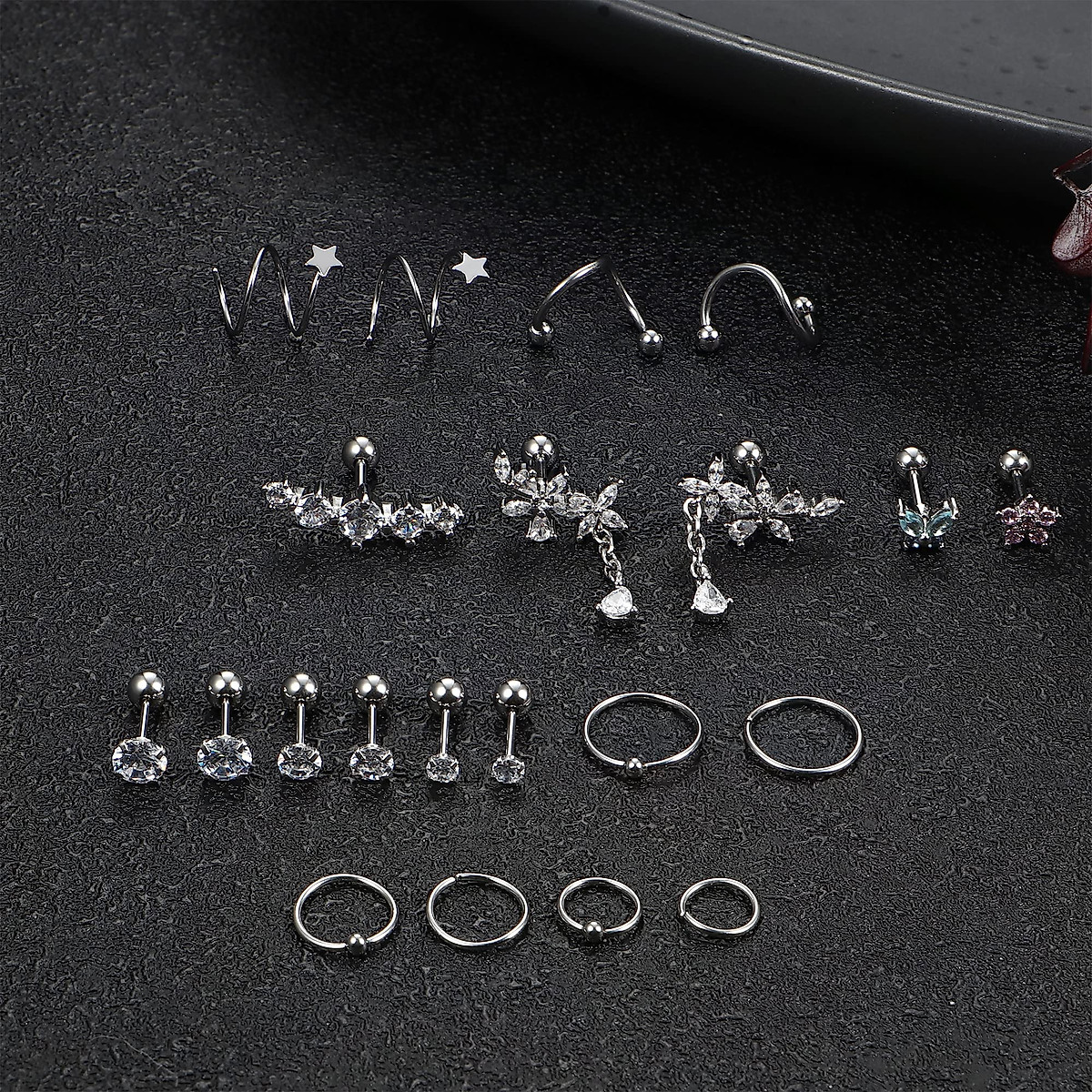 Drperfect Cartilage Helix Tragus Conch Piercing Jewelry 20G 16G Stainless Steel CZ Butterfly Flower Curved Spiral Cartilage Earring Set for Women Men Hoop Stud Ear Piercing Jewelry