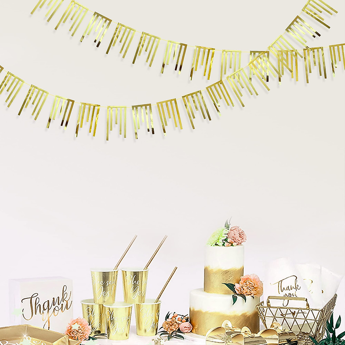 40Ft Gold Tassel Banner Pennant Bunting Double Sided Gold Metallic Paper Garland Streamer for Birthday Engagement Bachelorette Wedding Bridal Shower Anniversary Graduation Party Decorations Supplies