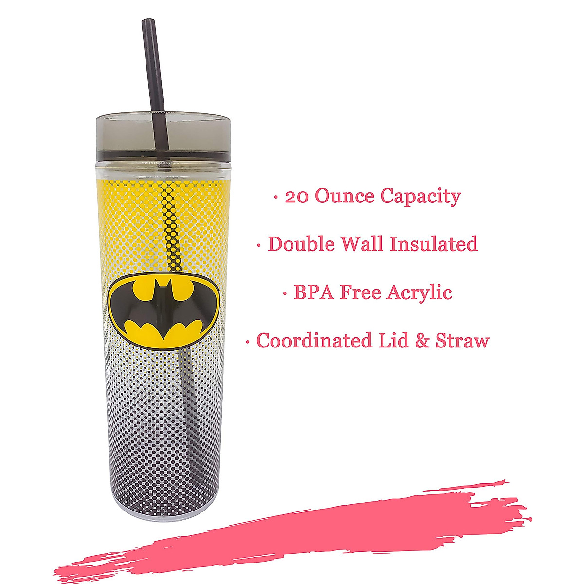Spoontiques - Tall Cup with Straw - Acrylic Drinkware with Coordinated Lid and Straw - Batman, multicolor, 10.5" h (22101)