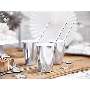 ALINK Biodegradable Silver Paper Straws Bulk, Pack of 100 Metallic Foil Striped/Wave/Dots Straws for Birthday, Wedding, Bridal/Baby Shower, Christmas Decorations and Party Supplies