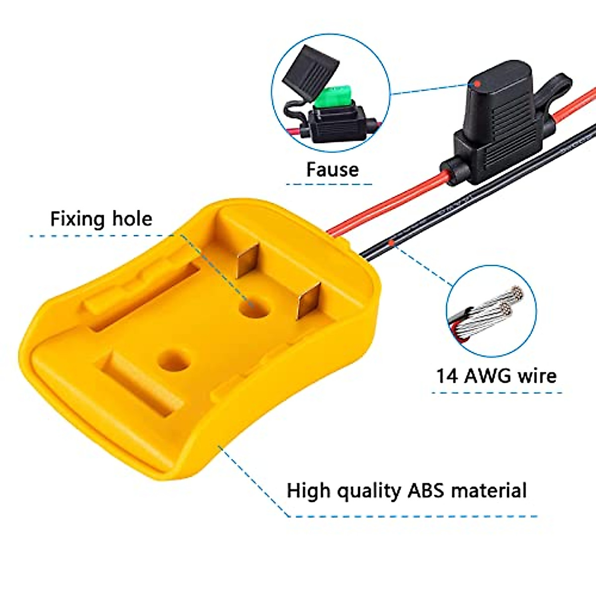 2 Packs Power Wheel Adapter for Dewalt 20V Battery with Fuse & Wire terminals, Work with for Dewalt 20V DCB205 DCB206 DCB200 Lithium Battery; Power Connector for Rc Car, 14AWG Robotics, DIY use