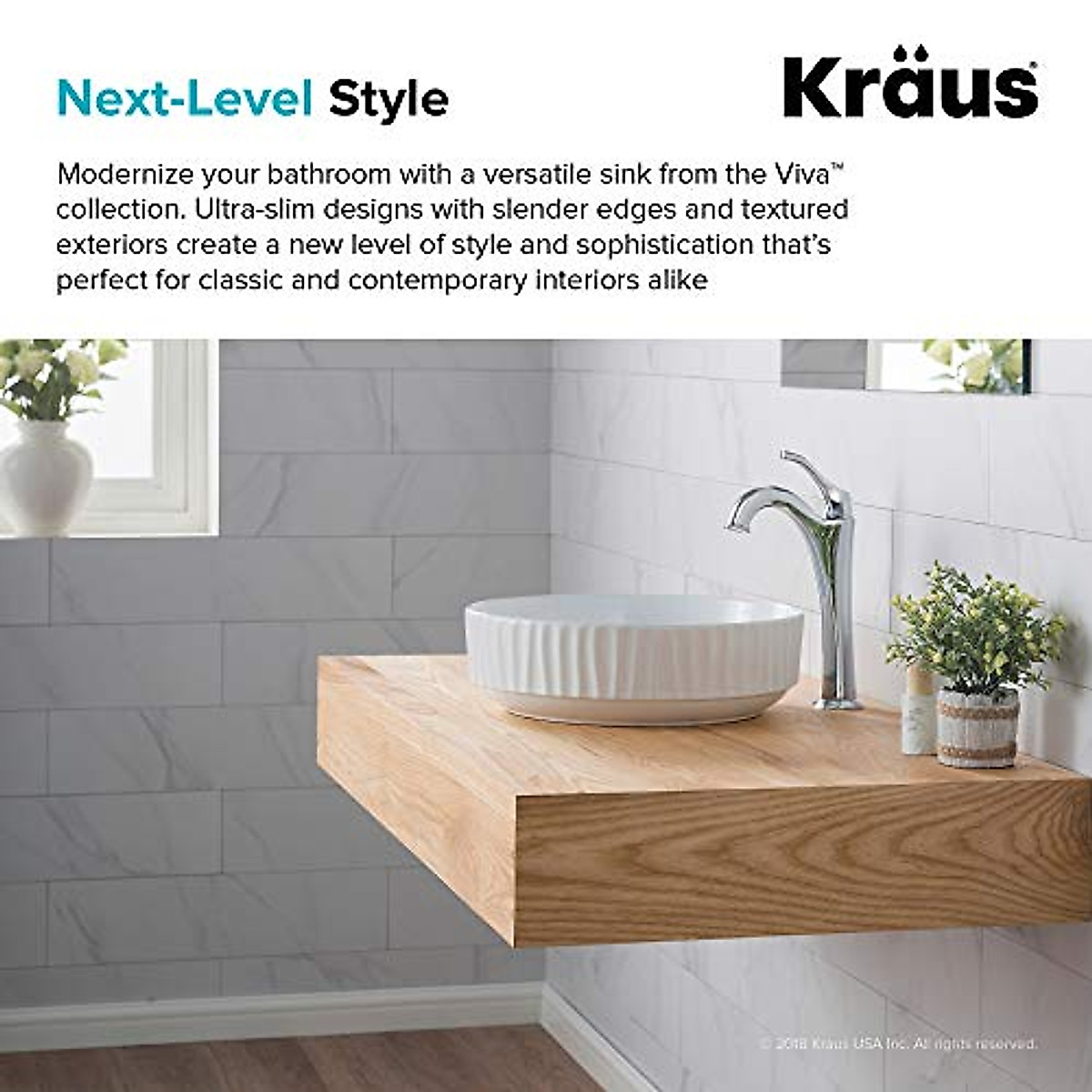 KRAUS Viva™ Round White Porcelain Ceramic Vessel Bathroom Sink with Pop-Up Drain, 15 3/4 in. D x 4 3/4 in. H, KCV-201GWH