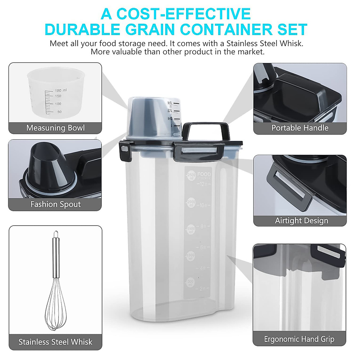 Uppetly Rice Airtight Dry Food Storage Containers, BPA Free Plastic Storage Bin Dispenser with Pourable Spout, Measuring cup for Cereal, Flour and Baking Supplies, Include a Stainless Steel Whisk