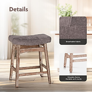 ALPHA HOME Bar Stools Set of 2, Solid Wood Saddle Kitchen Stools with Grey Linen Fabric Cushion Counter Height Barstools, 24 Inch, Grey, 2PCS
