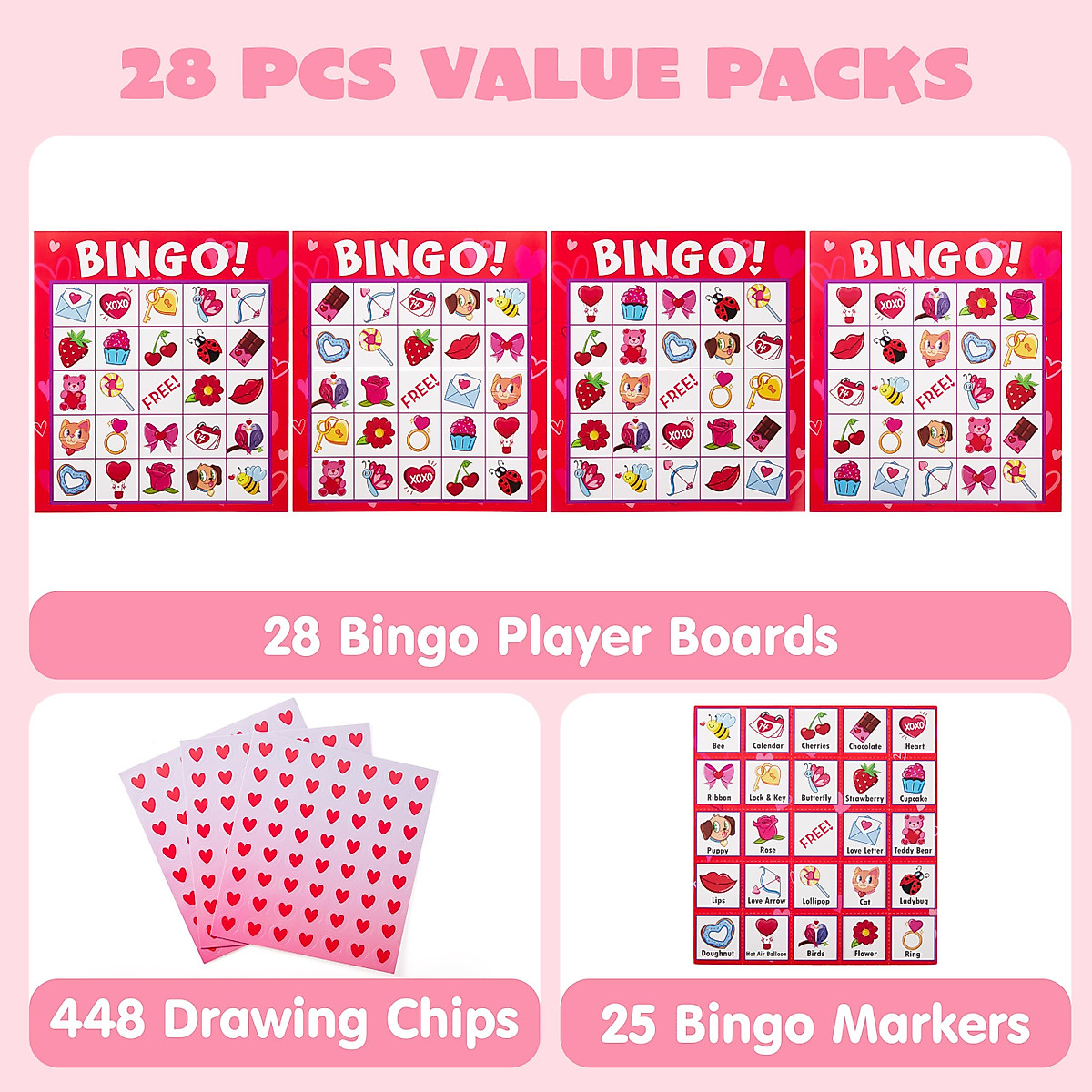 JOYIN 28 Players Valentine's Day Bingo Set, Game Cards for Kids School Classroom Party Supplies, Family Activity