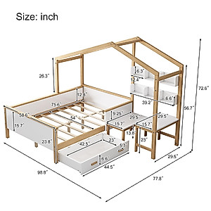 Harper & Bright Designs House Bed for Kids Full Storage Bed with Desk, Bench, Bookshelf and Drawers, Wooden Full Size Platform Bed with Guardrail, for Kids Teens Girls Boys (White + Natural)