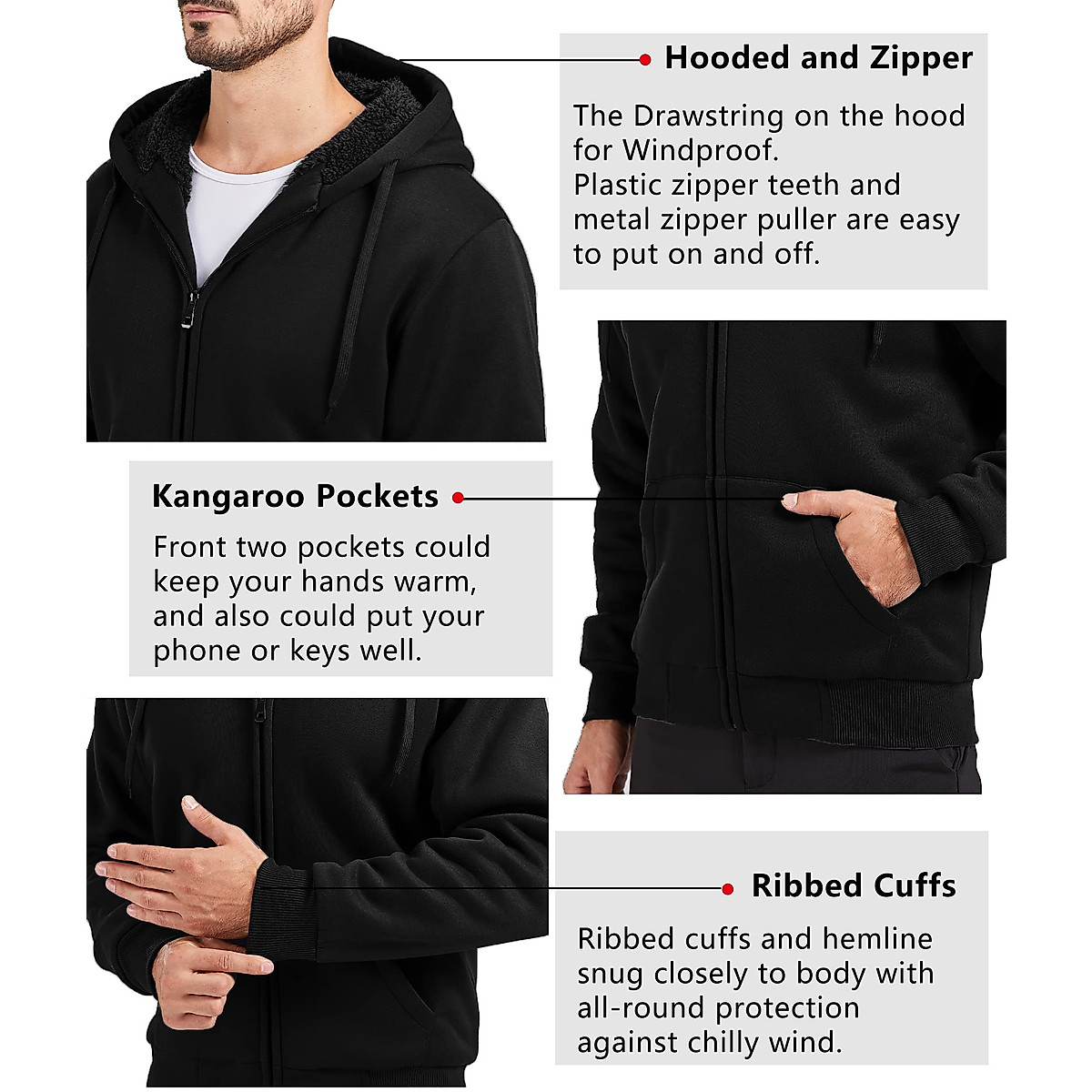 V VALANCH Men Hoodies Zip Up Sherpa Lined Sweatshirt Heavyweight Thick Warm Fleece Winter Jacket Coat, Black XL