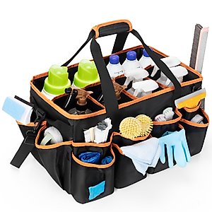 HODRANT Extra-large Wearable Cleaning Caddy, Cleaning Organizer Bag for Cleaning Products, Housekeeper Tote with Pad, Handle, Car Wash Tools Bag for Detailing Supplies, Bag Only, Orange Edge