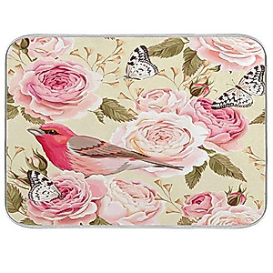 Rose Birds Butterfly Dish Drying Mat 24"x18" Absorbent Machine Washable Hanging Fast Dry Pad Dish Protective Mat for Kitchen Countertop Heat Resistant Dinner Table Mat