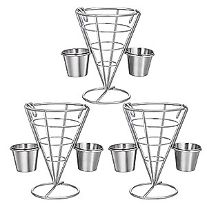 Angoily 3PCS Metal French Fries Stand Cone, Wire French Fry Serving Basket with 2 Sauce Dipper for Snack Fried Chicken Display for Party Restaurant Bar Picnics and Outdoor Events