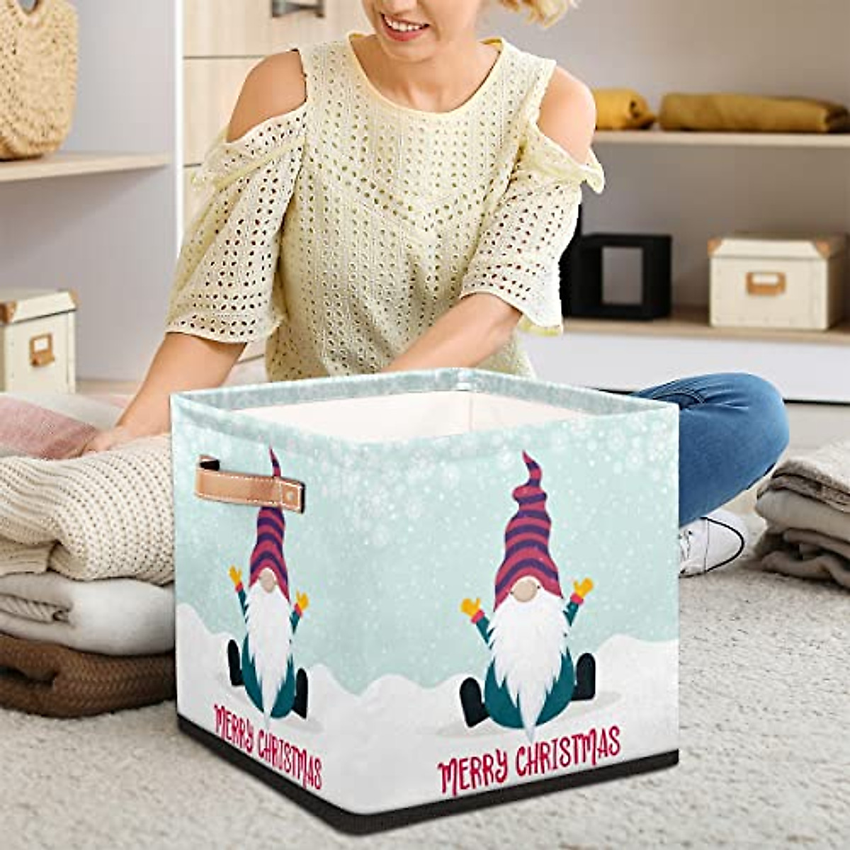 Christmas Gnome Large Collapsible Storage Bins,Funny Tomte Decorative Canvas Fabric Storage Boxes Organizer with Handles,Cube Square Baskets Bin for Home Shelves Closet Nursery Gifts